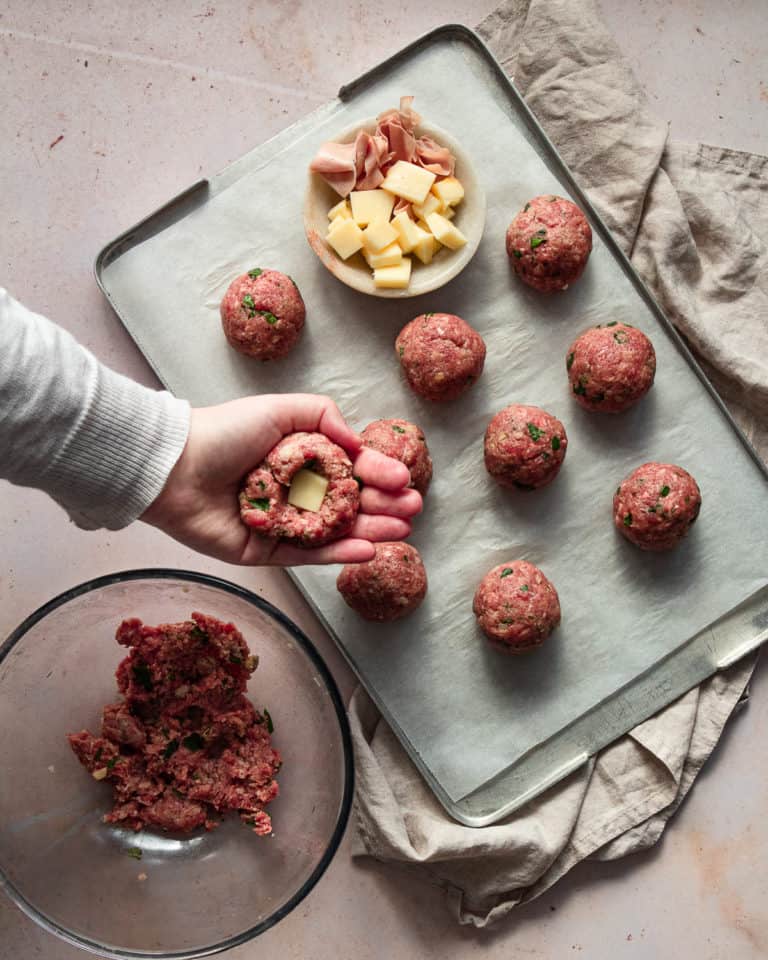 Cheese stuffed meatballs recipe with mortadella • fedetheclumsychef